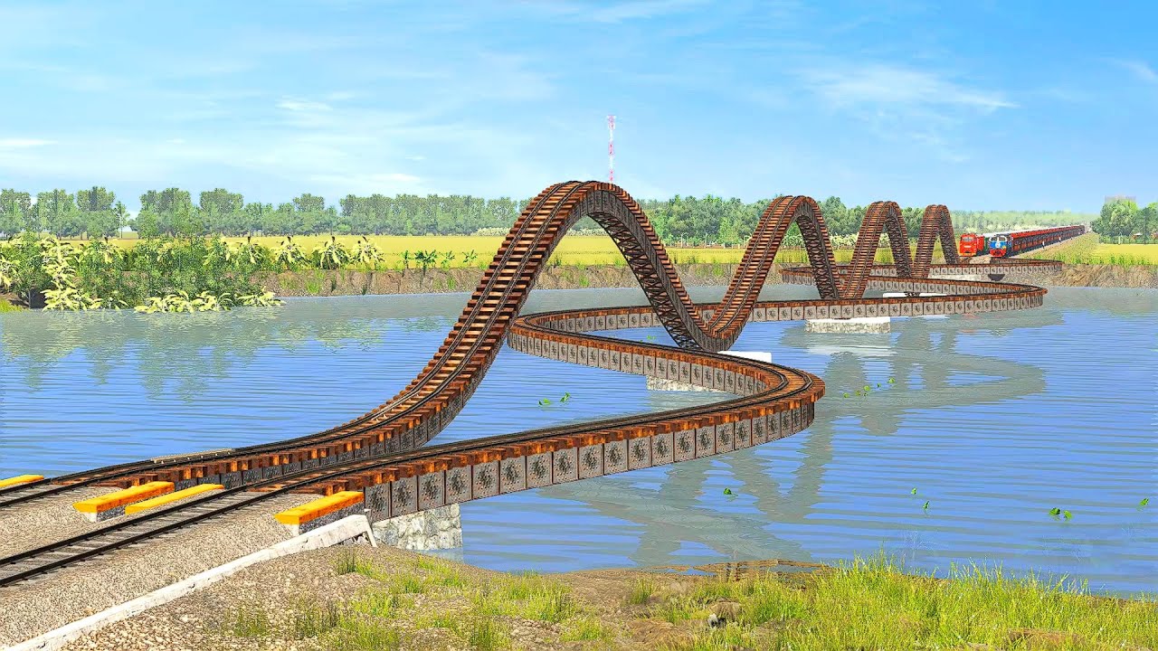 2 Trains Passing Messy Bridge Railroad Track-Kereta Melewati Rel ...