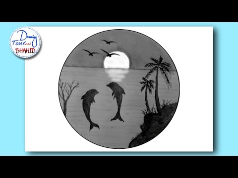 How To Draw Sunset Scenery || Dolphin || Nature Drawing.