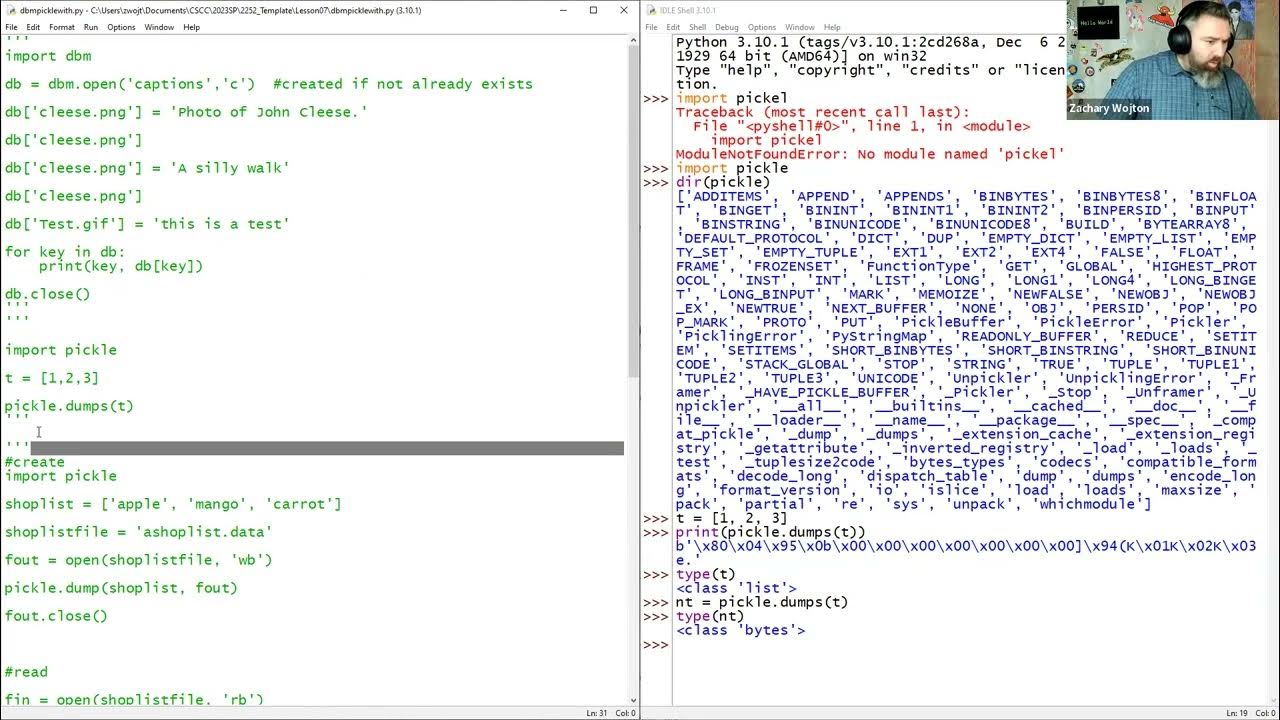 CSCC Wojton 2252 Lesson 07 Week 2 Python Working with Pickle and DBM - YouTube