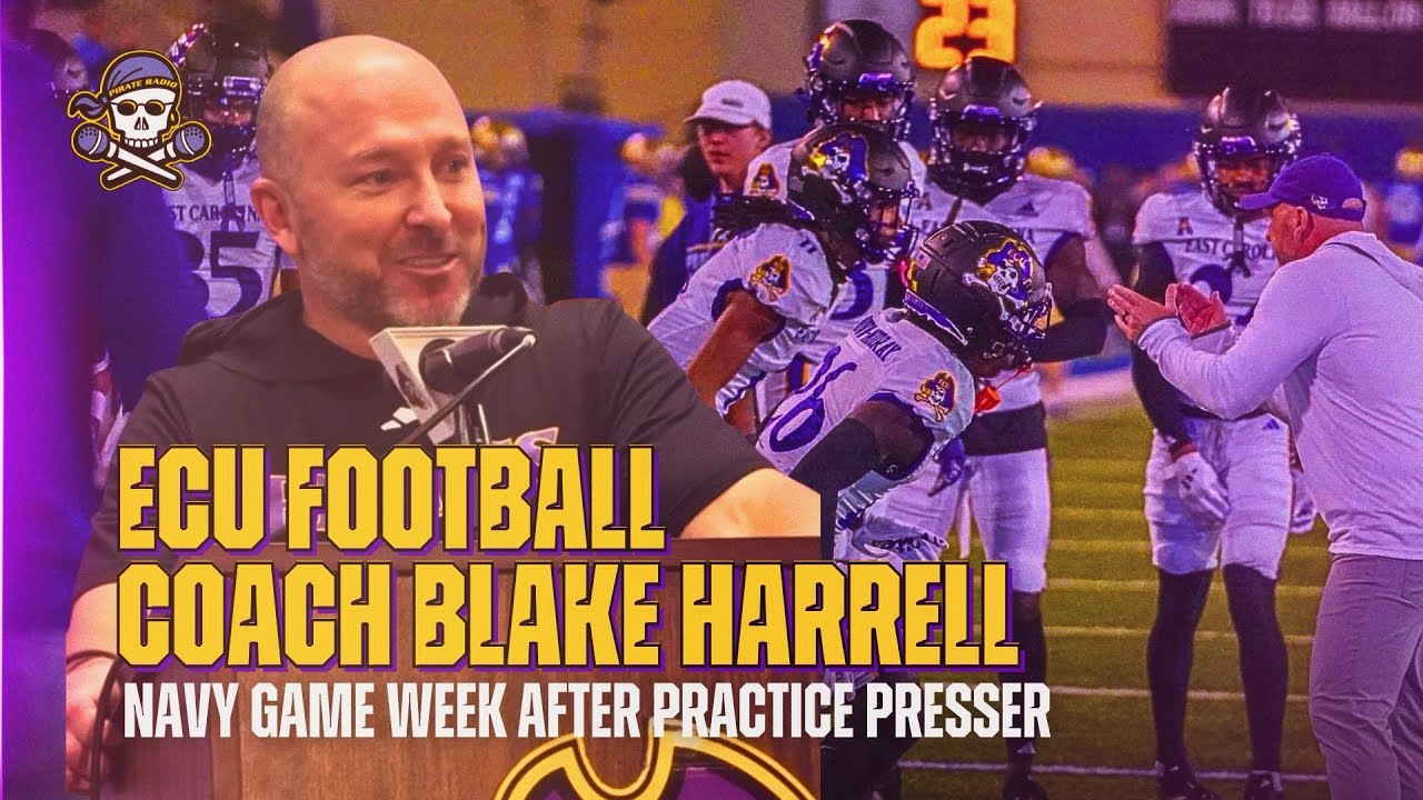 ECU Football Coach Blake Harrell, Navy game week press conference - YouTube