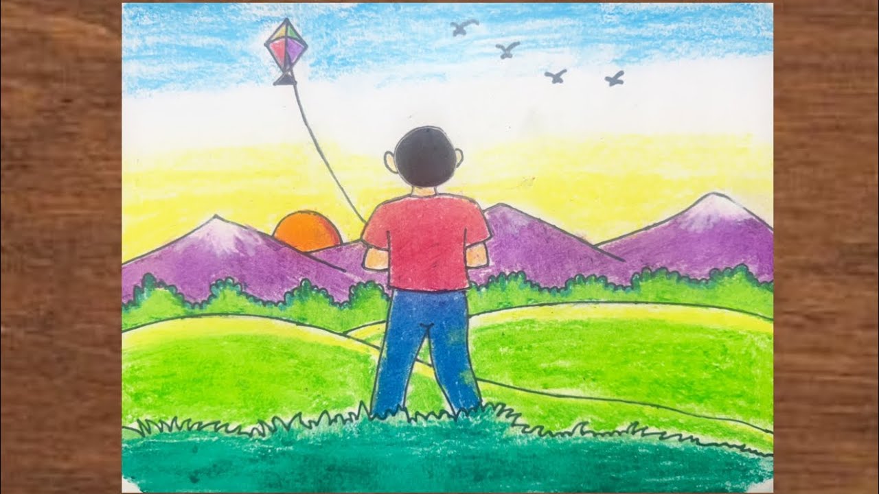 How to draw a boy flying kite with scenery | Kite flying scenery ...