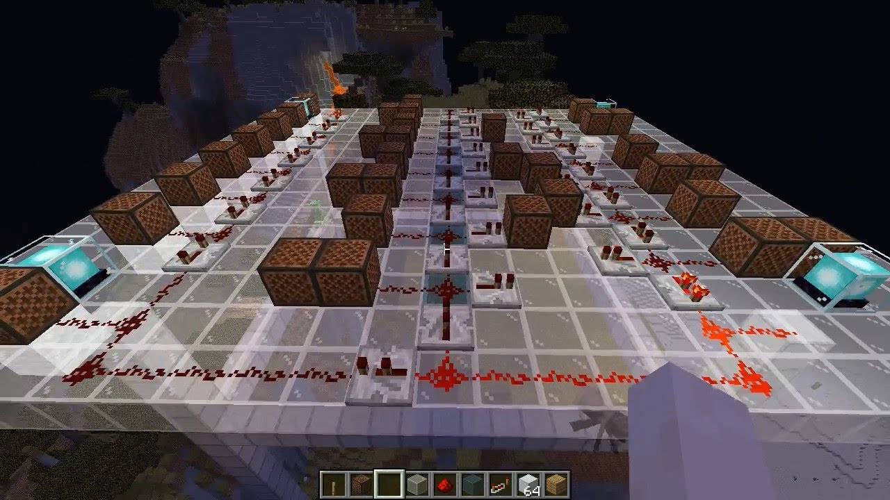 Minecraft note blocks; two measures in 4/4, with 1/16th note resolution ...