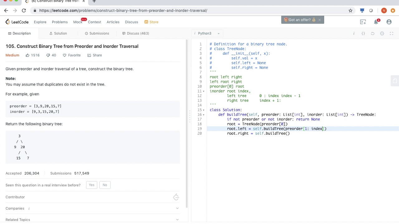 Leetcode Python 105 Construct Binary Tree From Preorder And Inorder 8858