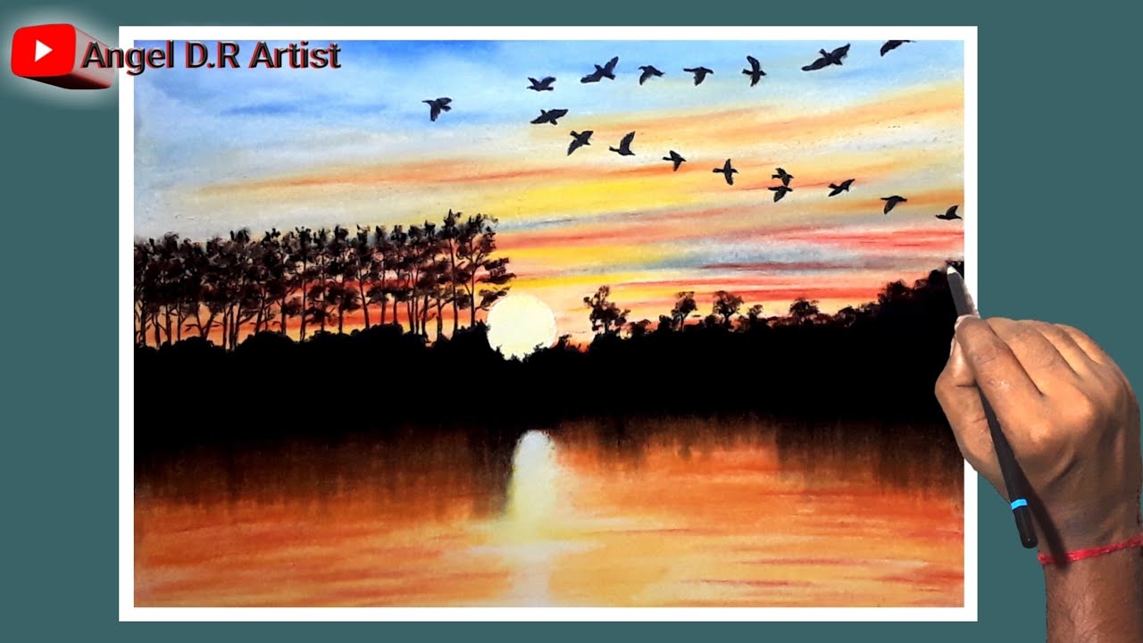 Drawing of nature || Sunset birds drawing || soft pastel ! @angel d.r ...