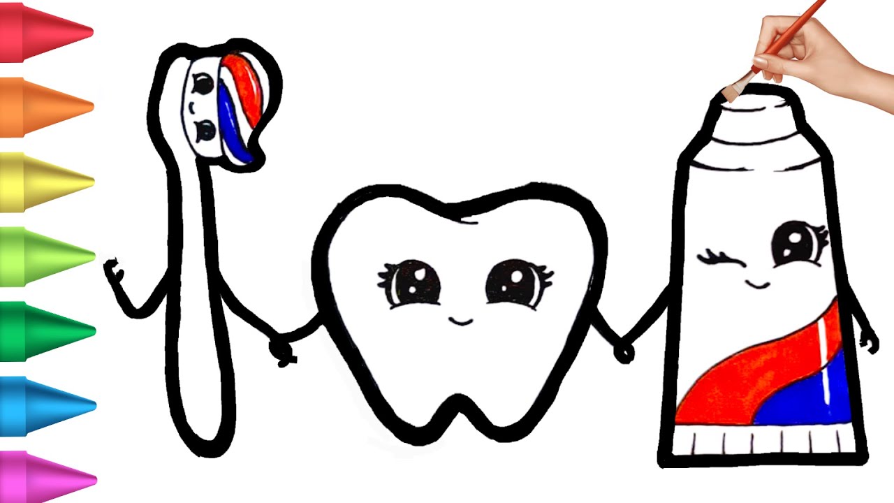 TOOTH, TOOTHPASTE, and TOOTHBRUSH Drawing and Coloring for Kids and ...