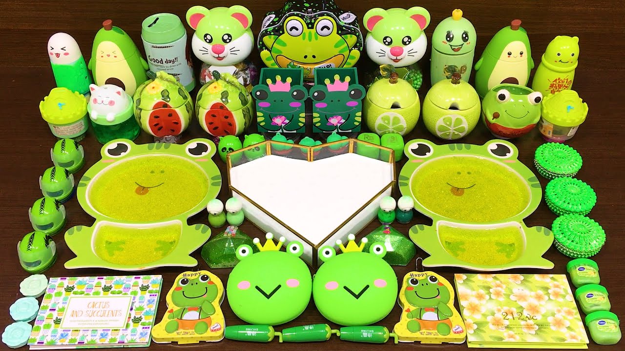 GREEN FROG Slime ! Mixing Random Things into GLOSSY Slime ! Satisfying ...