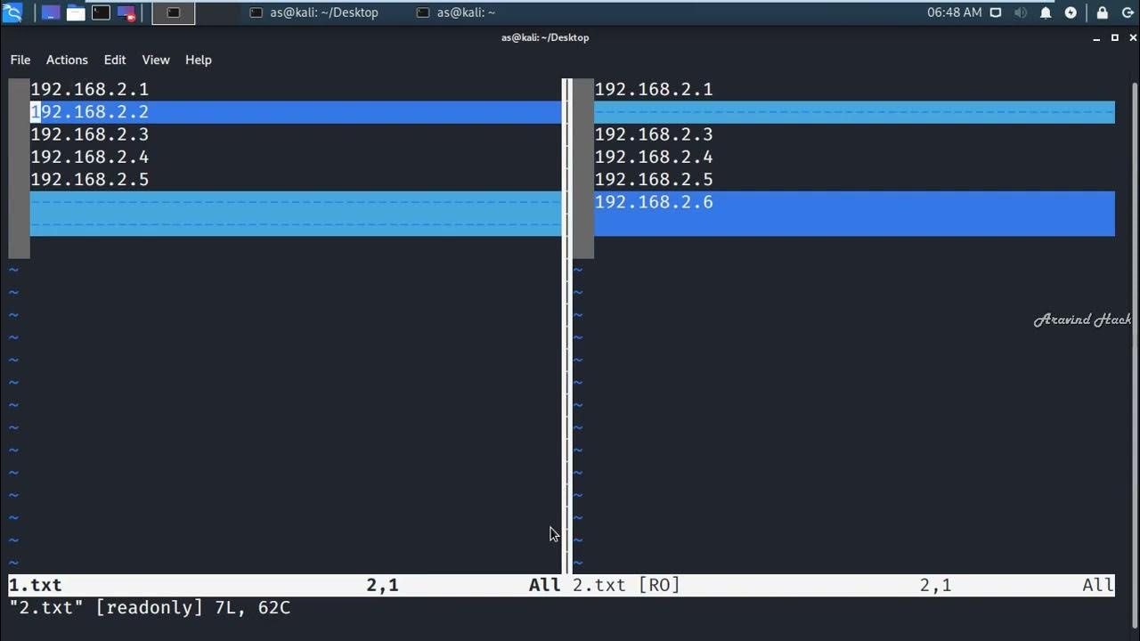how to compare two files in kali linux using vimdiff tool - YouTube