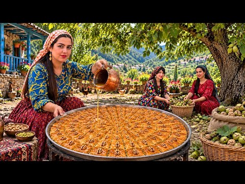 Traditional Village Cooking : Harvesting Fresh Walnuts & Baking Giant Sweet Baklava 🌰🔥 