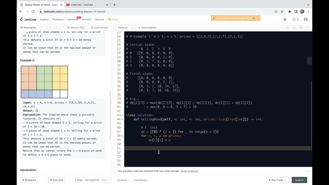 Leetcode 2312. Selling Pieces of Wood - Dynamic Programming - YouTube