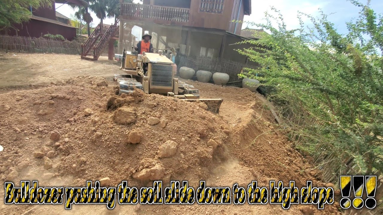 Bulldozer pushing the soil slide down to high slope ! complete ! mitsubishi bd2g dumptruck ...