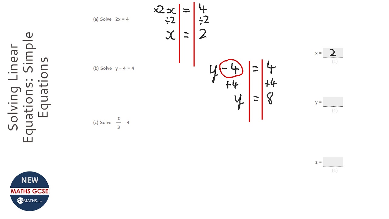 Solving Linear Equations: Simple Equations (Grade 2) - OnMaths GCSE ...