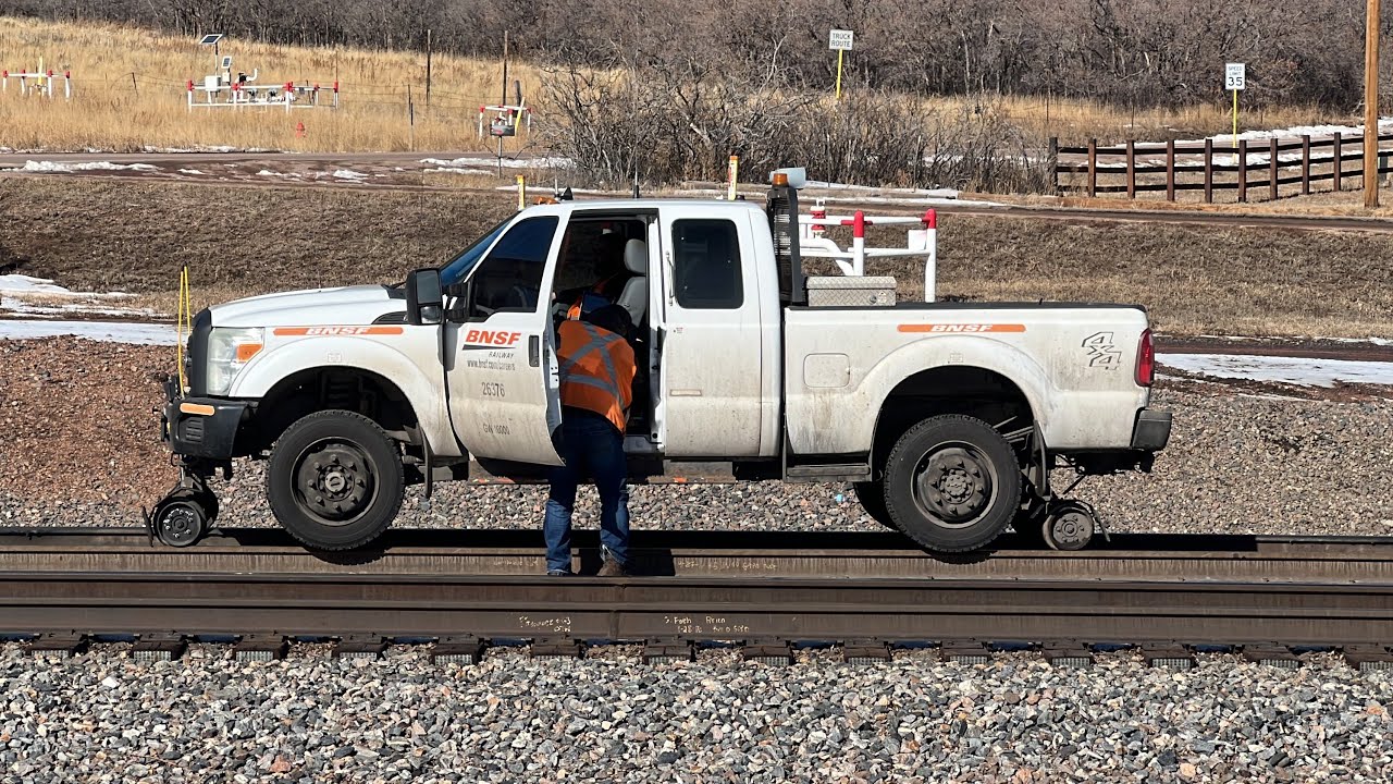 BNSF Hi-Rail Truck Gets on the Rails in Palmer Lake, CO! - YouTube