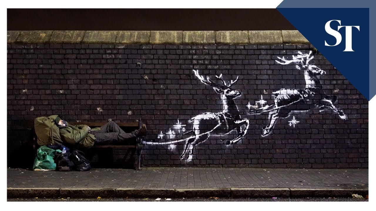 Banksy's flying reindeer highlight Christmas homeless plight - YouTube