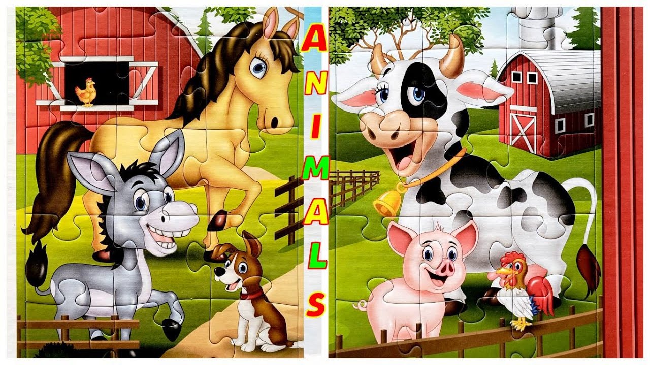 Farm animals Cow Pig Horse Dog - solving jigsaw puzzles for children 30 ...