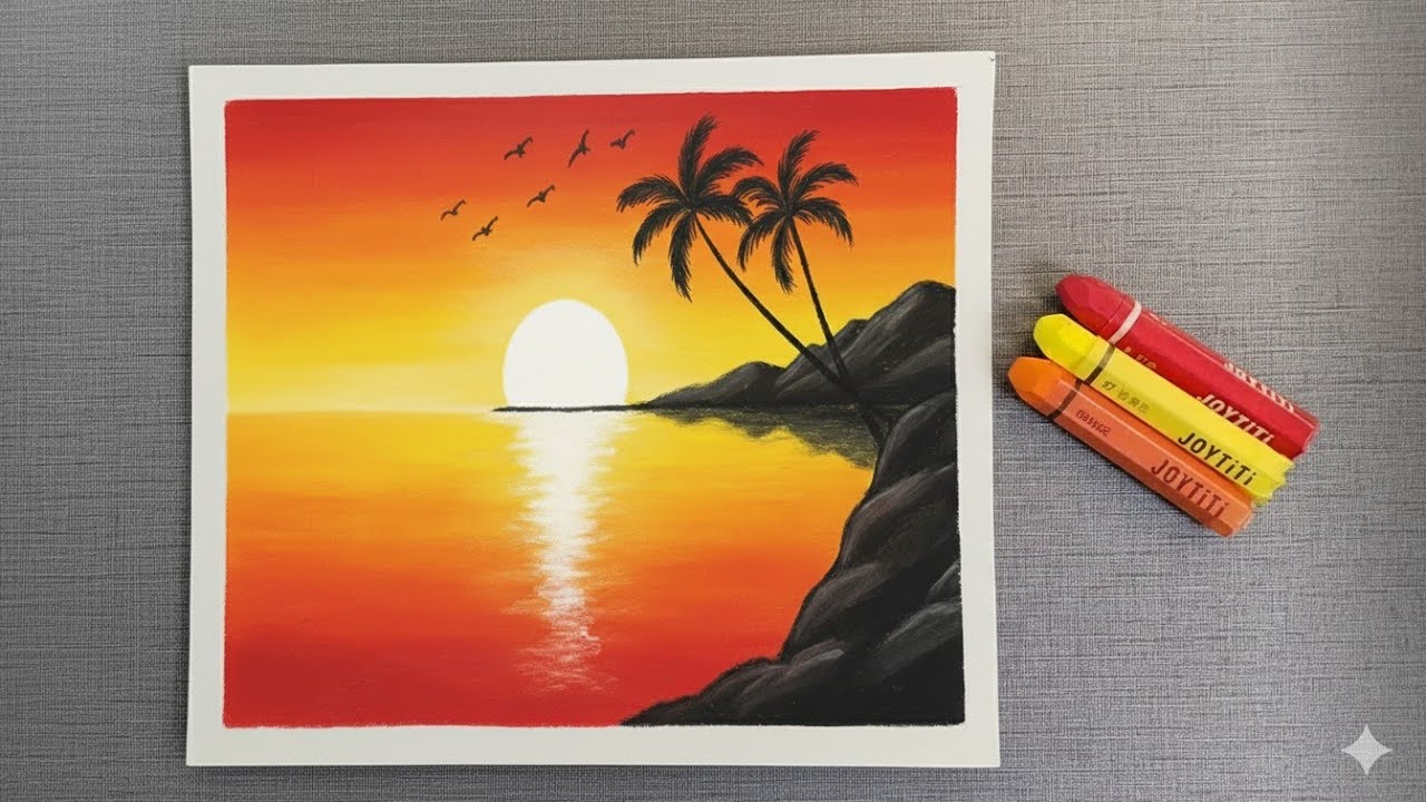 “Easy Sunset Drawing Tutorial | Oil Pastel Landscape for Beginners ...