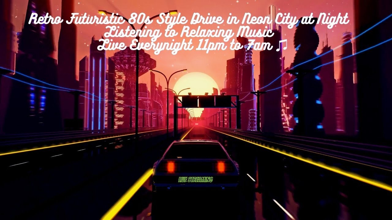 Retro Futuristic 80s Style Drive in Neon City at Night Listening to ...
