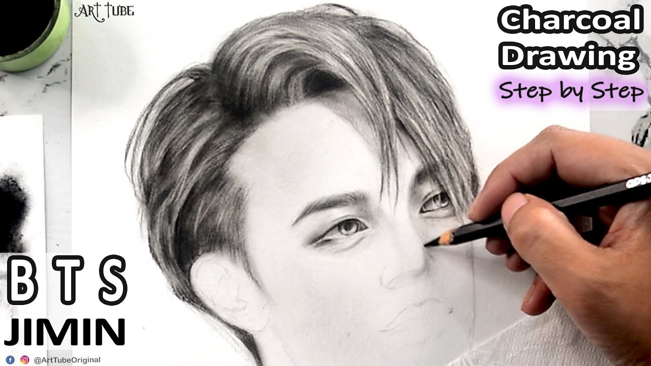 How to draw BTS Jimin | Step by Step face drawing tutorial | BTS charcoal drawing - ART Tube ...