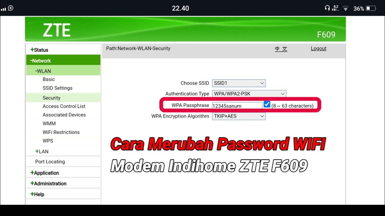 Cara Mengganti Password Wifi Modem Indihome ZTE F609 V5.3 - YouTube