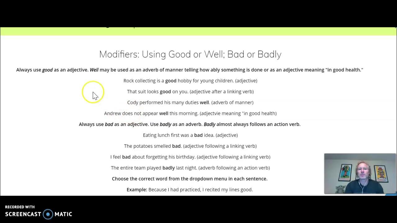 Modifiers: Good vs. Well and Bad vs. Badly - YouTube