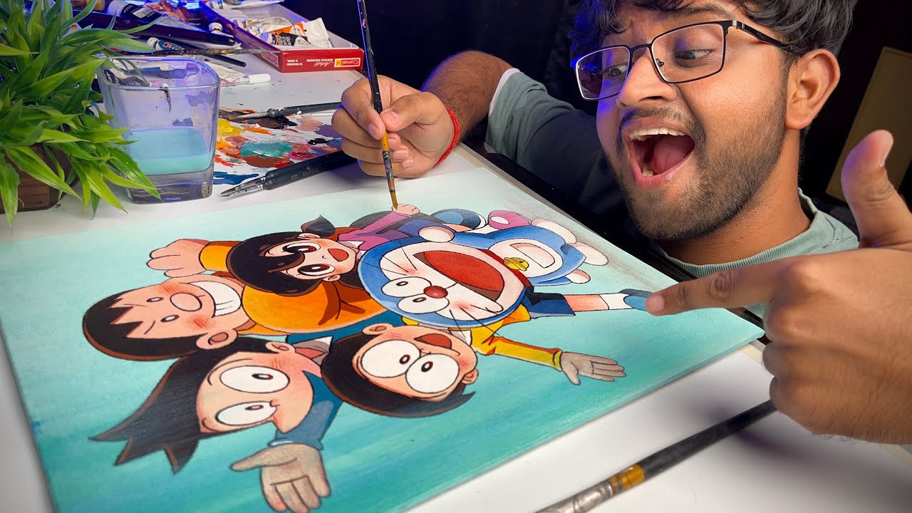 Doraemon Drawing on Canvas, Acrylic Painting 😍 - YouTube