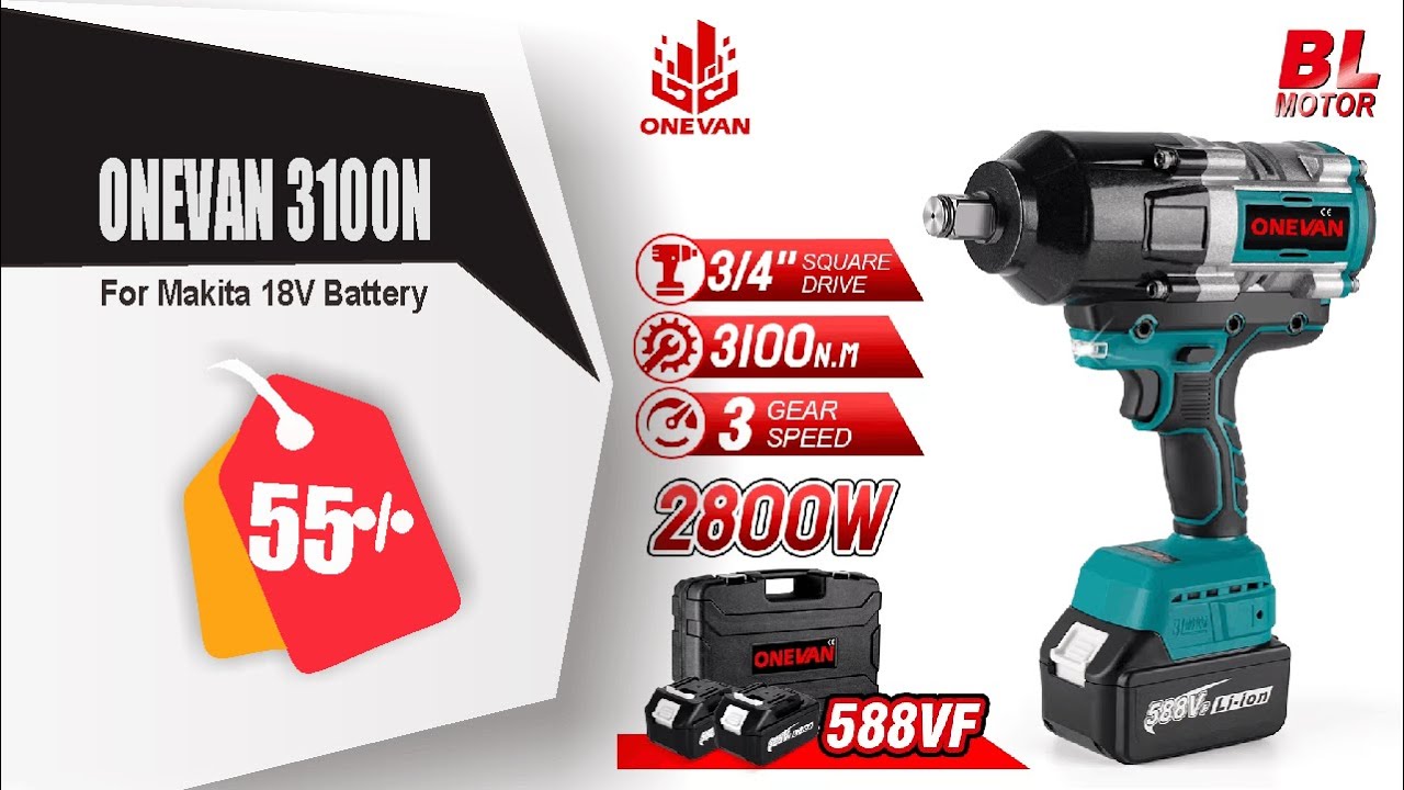 ONEVAN 3100N.M Torque Brushless Electric Impact Wrench Cordless Wrench ...