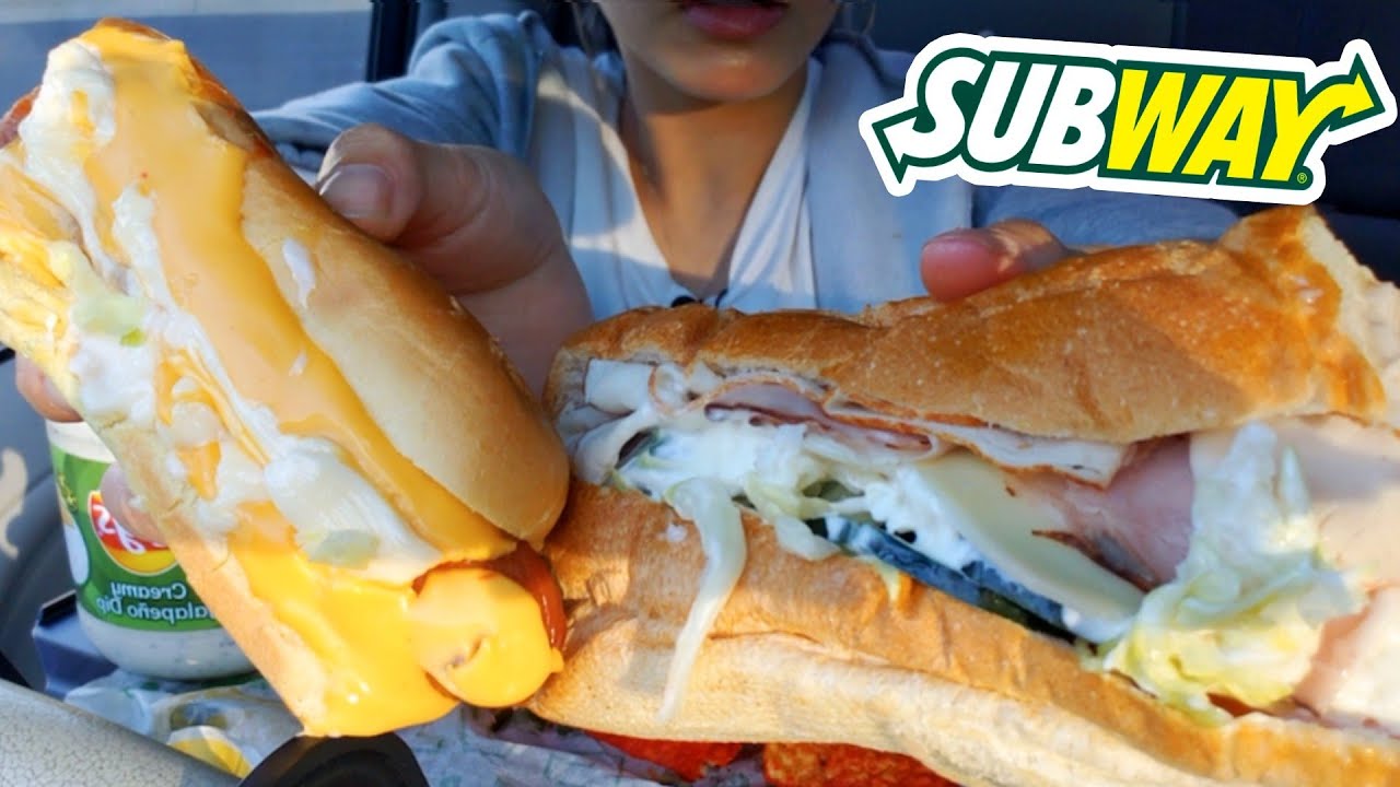ASMR EATING SUBWAY TURKEY HAM SANDWICH + CHEESE HOTDOG REAL SOUND ...