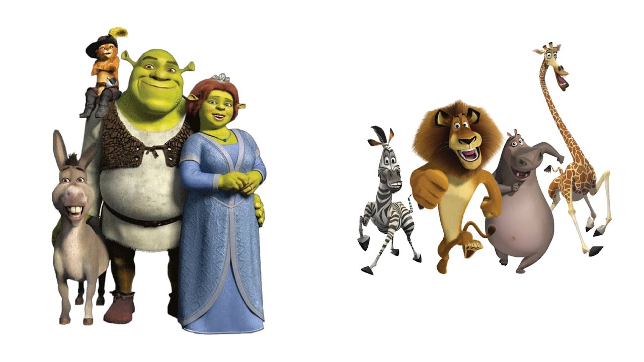 Shrek, Donkey, Fiona, and Puss meet Alex, Marty, Gloria, and Melman ...