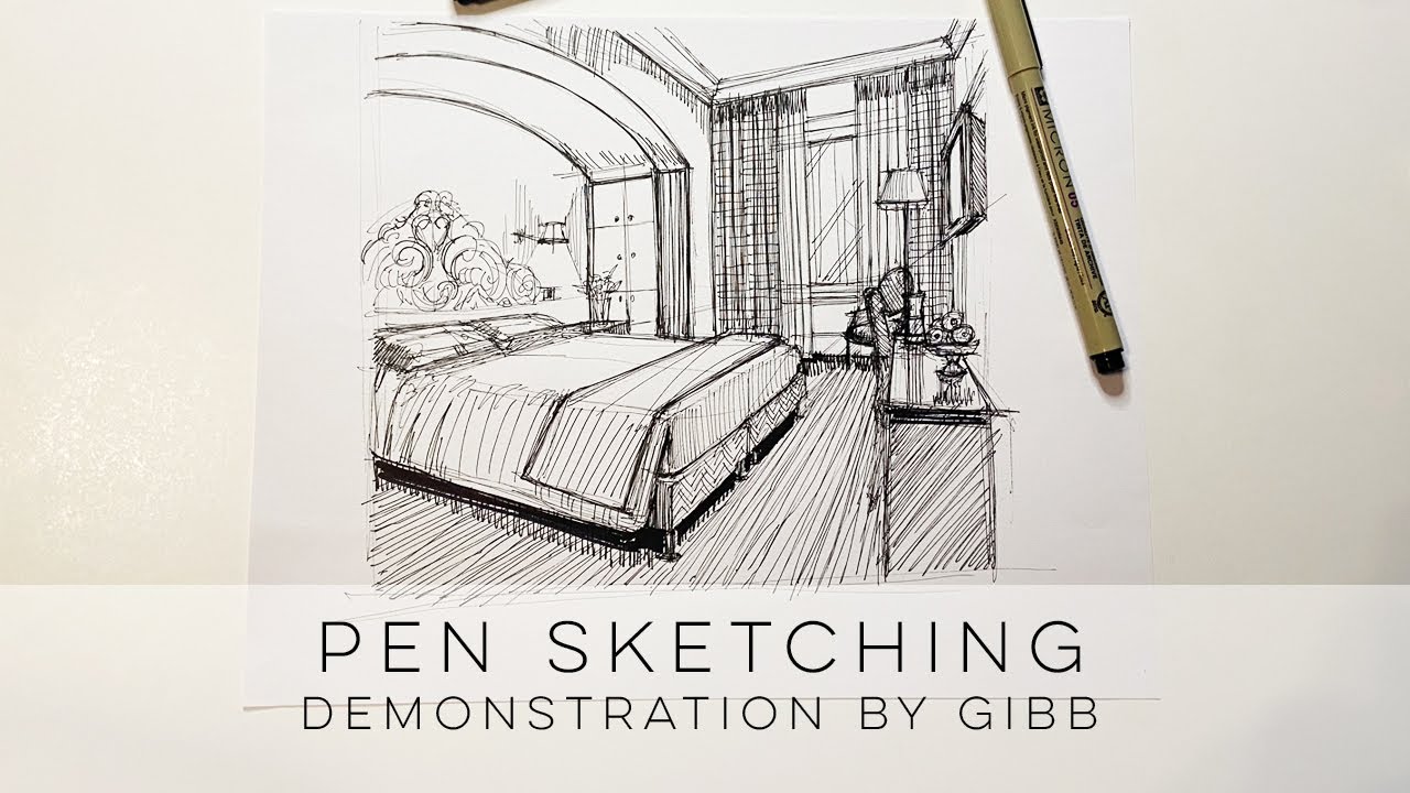 Quick sketch ink pen demonstration of hotel bedroom - YouTube