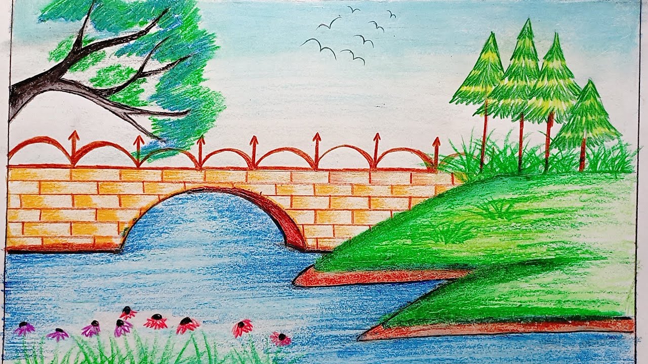 How to draw a scenery with trees river and bridge | Drawing River and ...