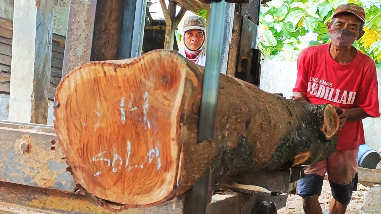 Process of sawing super hard acacia wood - YouTube
