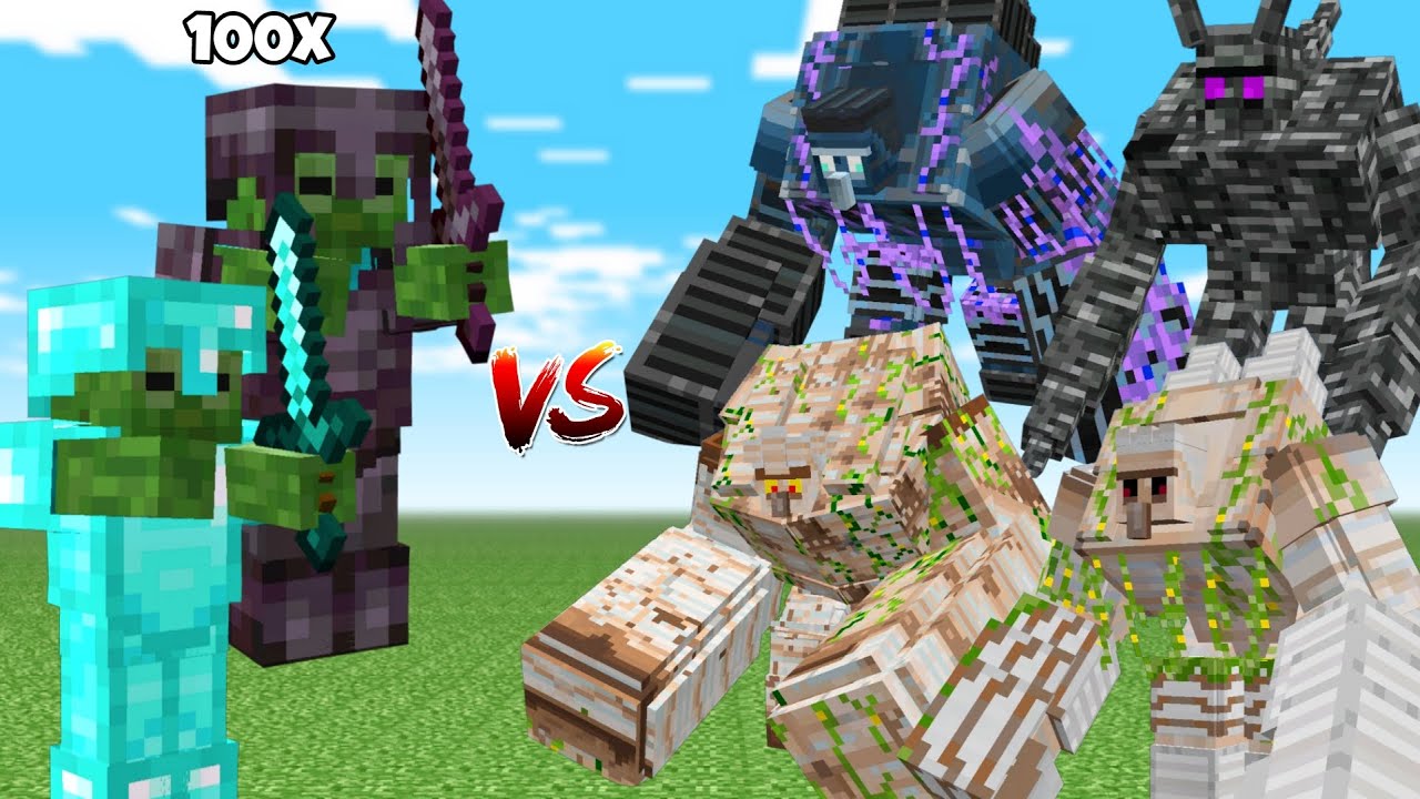ALL IRON GOLEM Vs 100 ZOMBIES - full netherite, diamond Armor with ...
