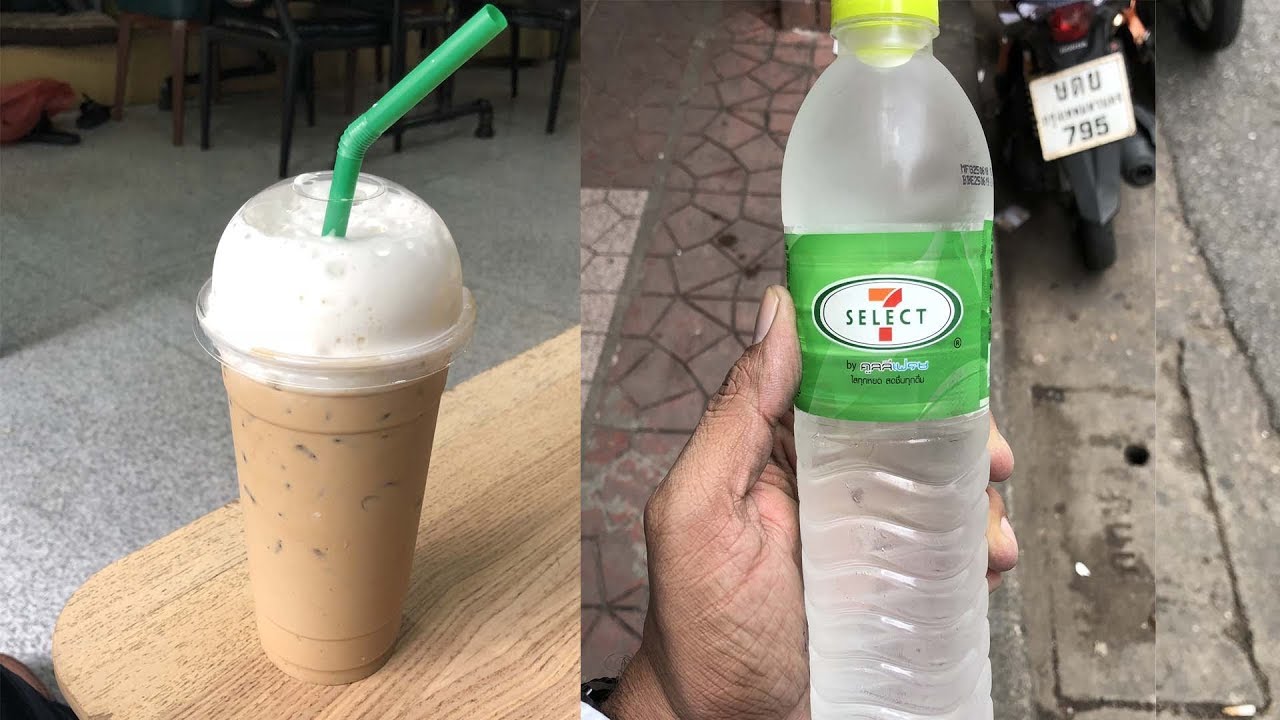 Water Bottle from 7-Eleven and Cream Cold Coffee - Thailand Street Food ...