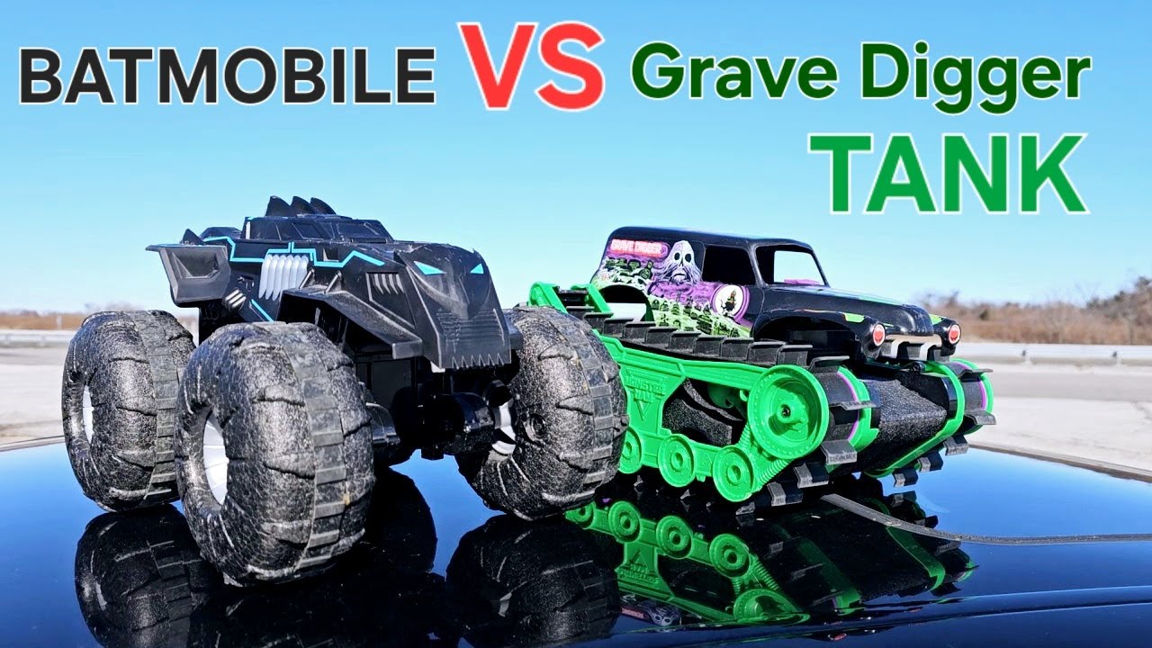 Monster truck race Grave Digger Tank VS Batmobile Dark Knight truck JAM ...