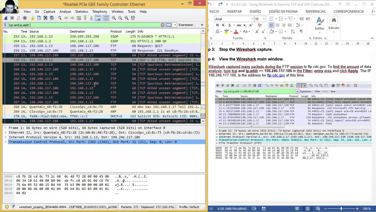 9 2 4 3 Lab Using Wireshark To Examine Tcp And Udp Captures Youtube