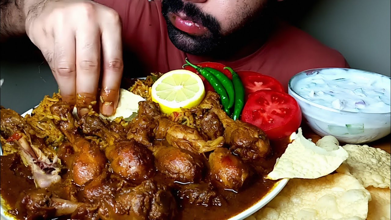 ASMR EATING SPICY PHUL CHICKEN LEG FRY VEGETABLE RICE WITH TOMATO SALAD ...