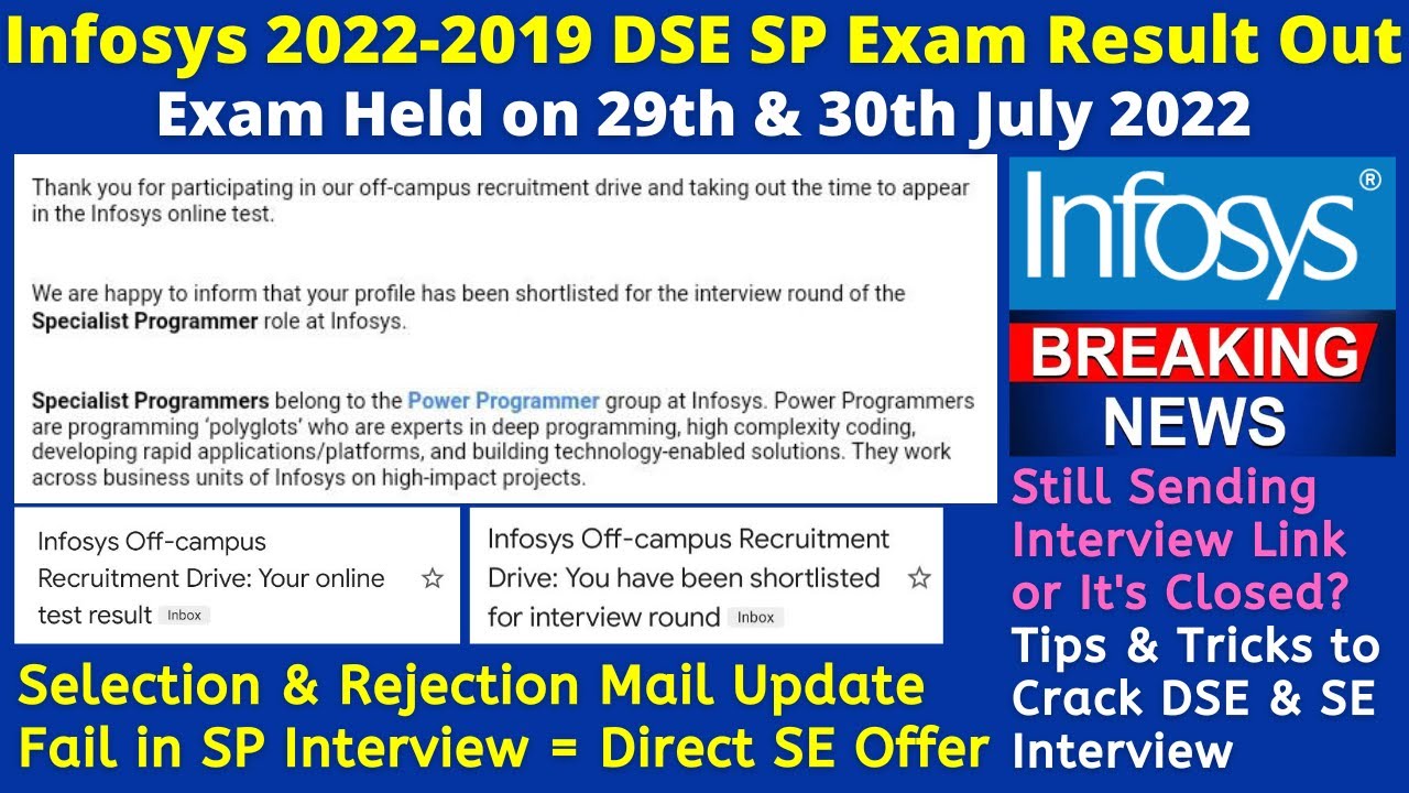 Infosys DSE SP Online Exam Result Out 2022-2019 | Interview Mail Update ...