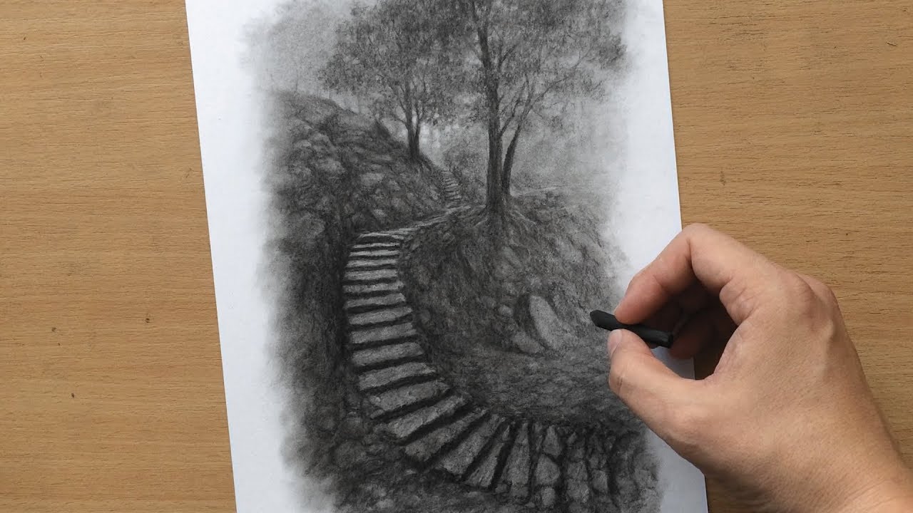 Charcoal Drawing - Old Stone Steps in the Forest - YouTube