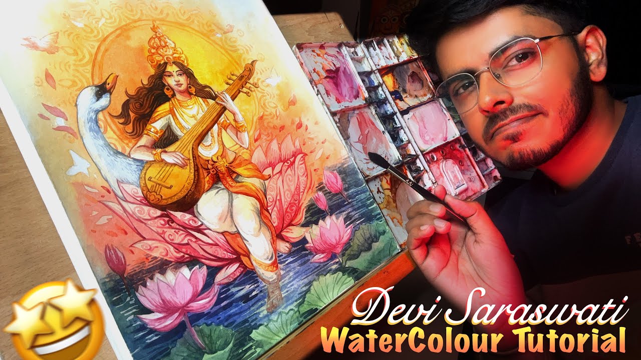 Devi Saraswati WaterColour Painting Tutorial // step by step water colouring - YouTube