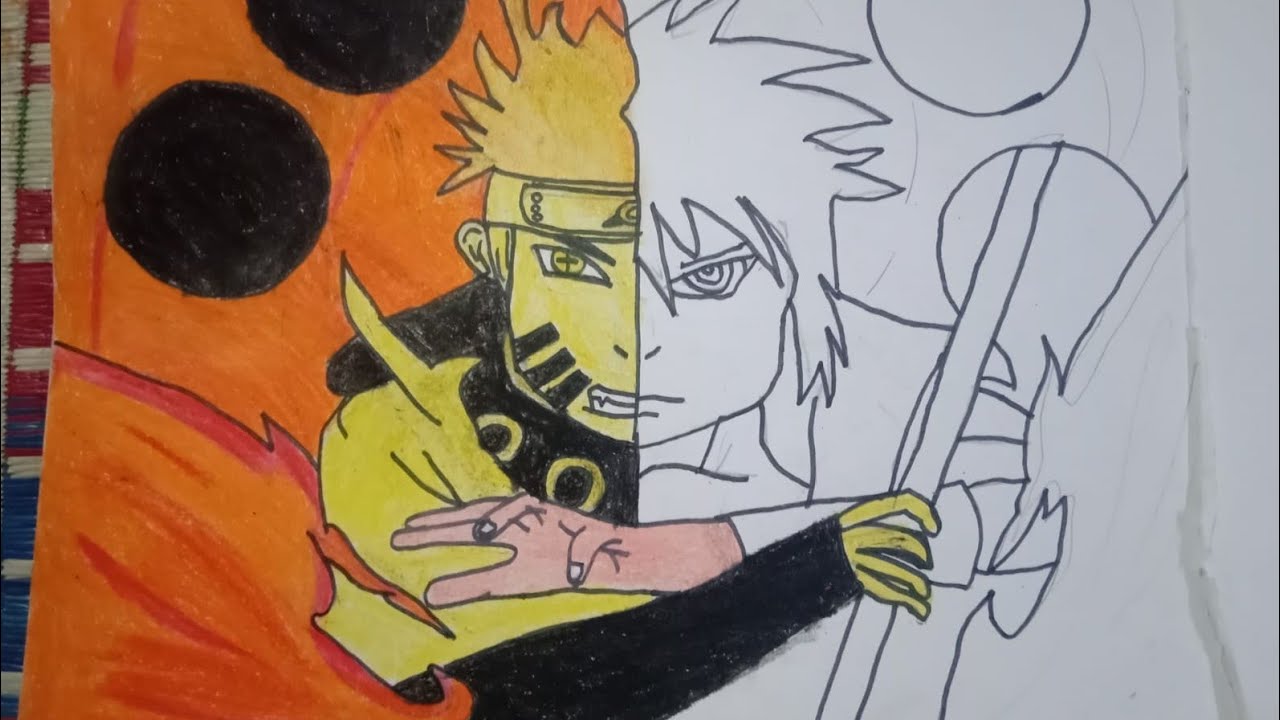 Naruto and sasuke half face drawing with colour part 2 - YouTube