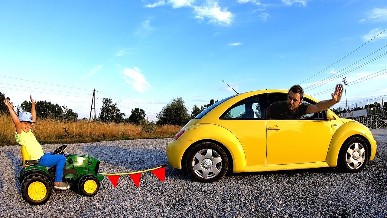 The Tractor Stuck | Papa Ride on Car VW Bug and towing John Deere ...
