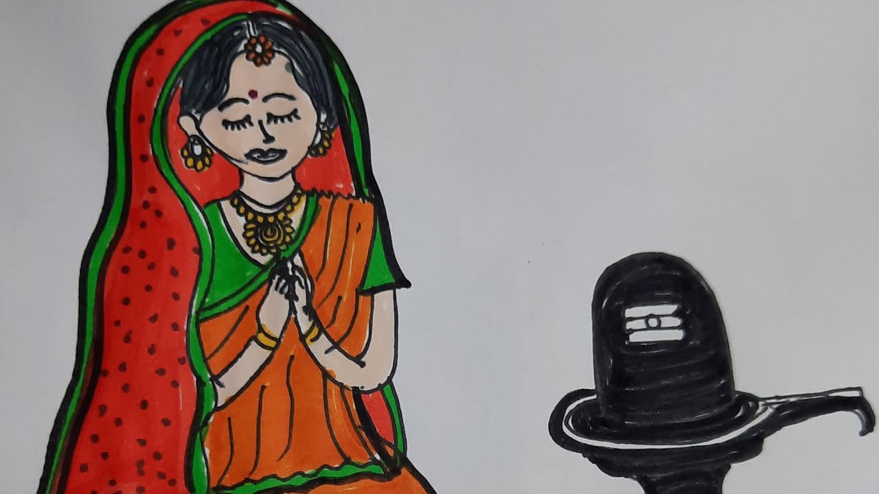 Hartalika teej Special Dawing || Girl praying shivling Drawing easy ...