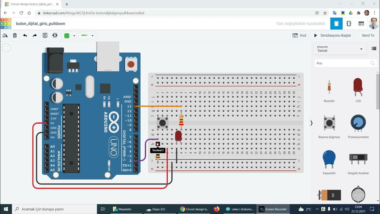 Tinkercad Arduino pulldown uygulaması, digitalRead fonksiyonu - YouTube
