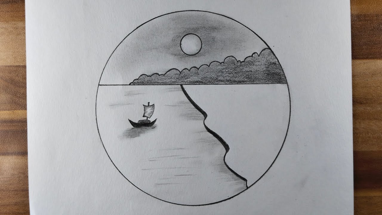 Beautiful beach drawing 😍|| How to draw a beach drawing in a circle ...