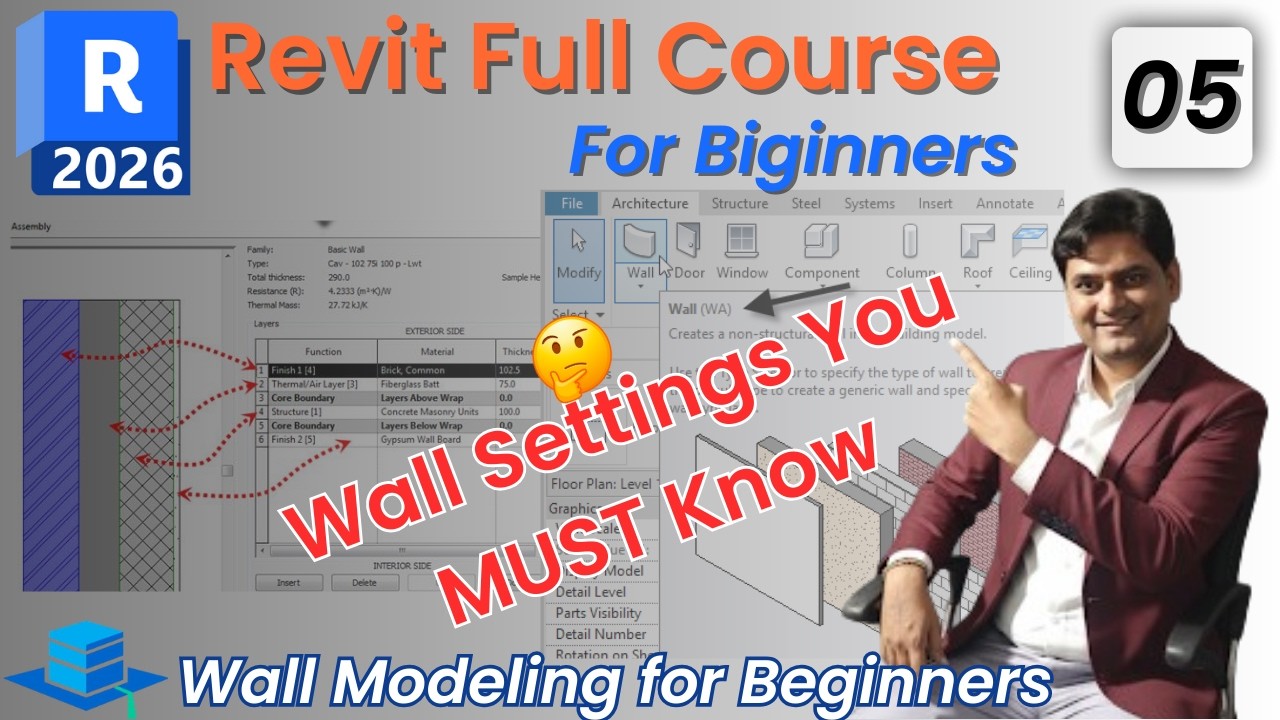 #04 Revit 2026 Tutorial for Beginners: Create Wall Types, Modeling ...