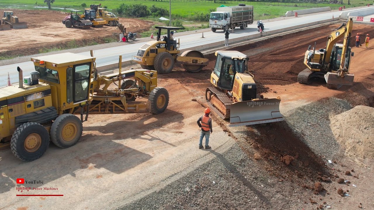 Heavy Bulldozer Building Road Operating With Excavator Grader Roller ...