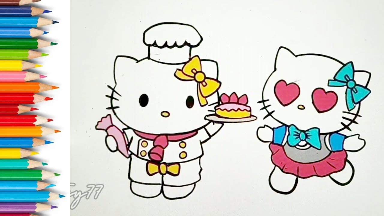 chef hello kitty is making a very delicious cake || Easy Drawing and ...