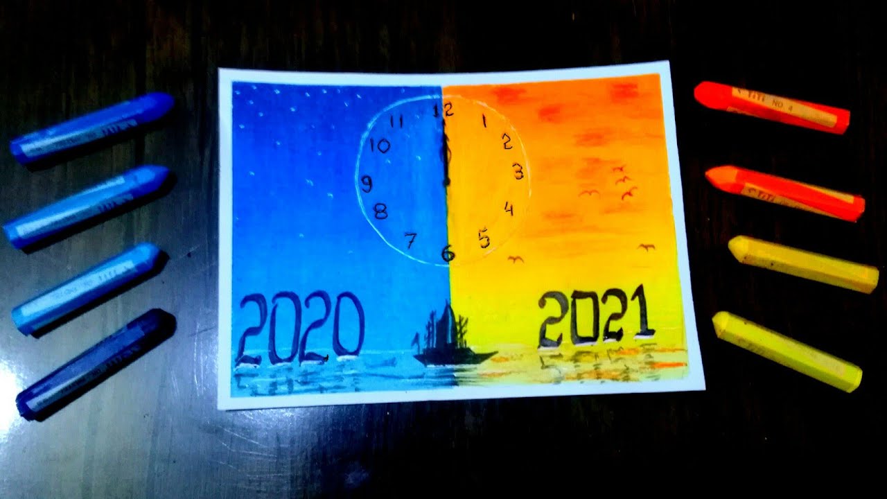 Happy New Year Drawing Easy // 2021 Drawing With Oil Pastels For ...
