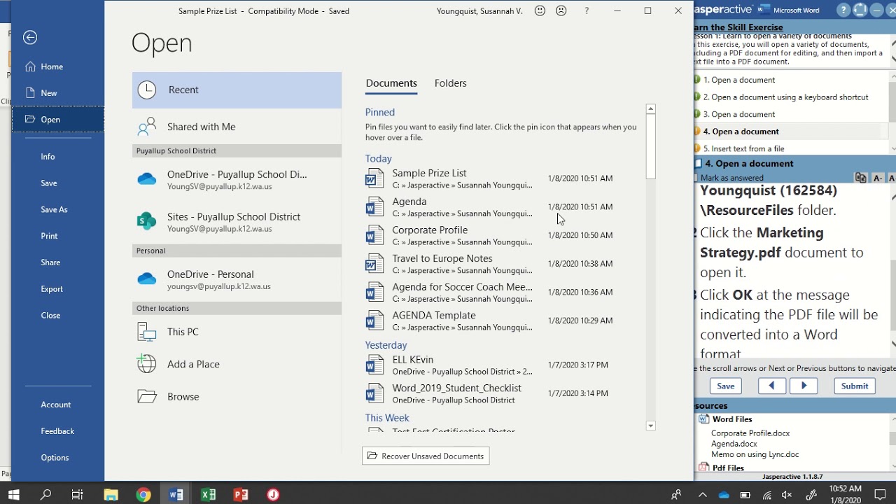 Jasperactive Word 2019 Lesson 1: Opening a Document - YouTube