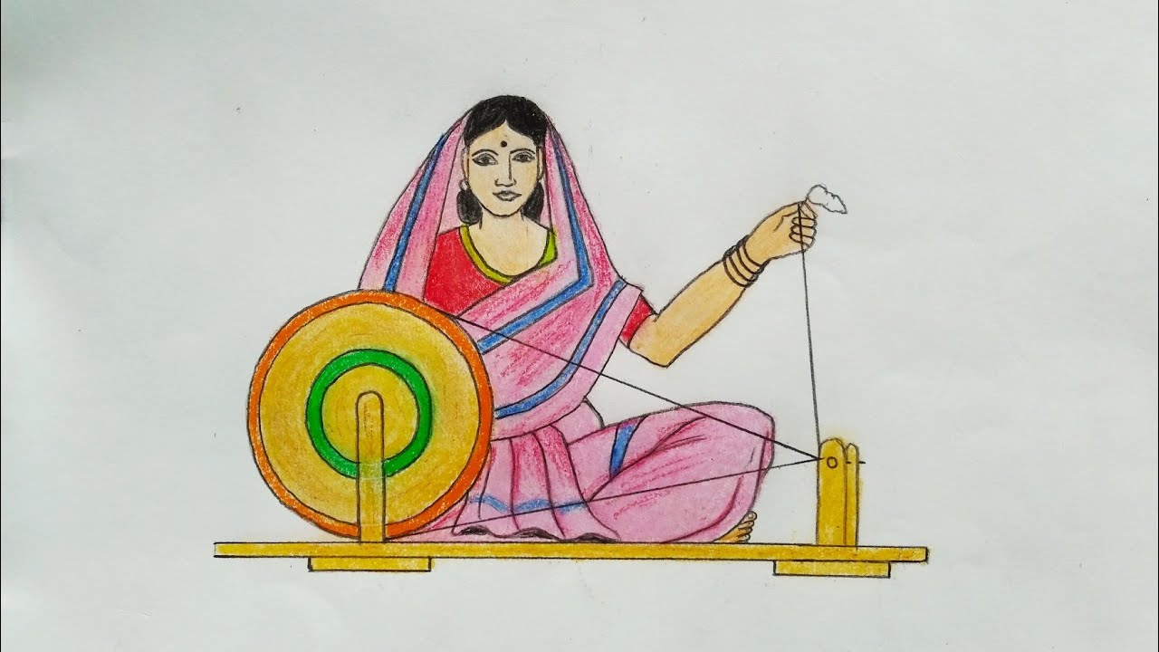 2 October Special Drawing || How to Draw Charkha with Women step by ...