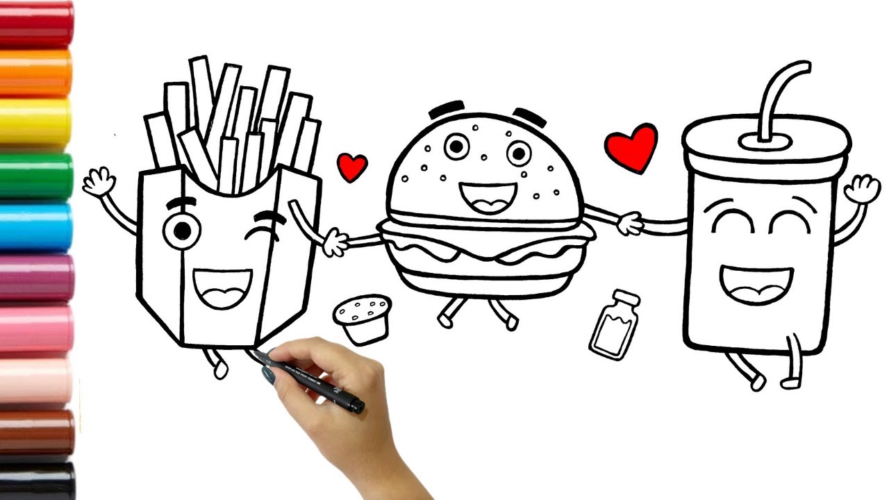 How to Draw Fast Foods 🍔🍟🥤| Drawing and coloring for kids and toddlers ...